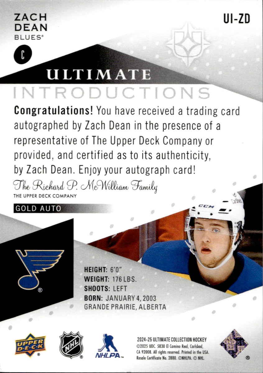 2024-25 Zach Dean Upper Deck Ultimate INTRODUCTIONS ROOKIE AUTO 26/49