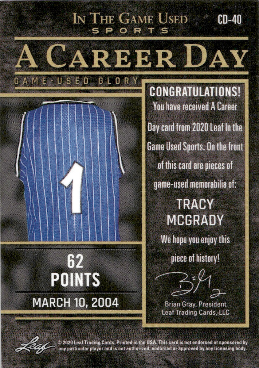2020 Tracy McGrady Leaf In The Game Used BLUE A CAREER DAY TRIPLE PATC
