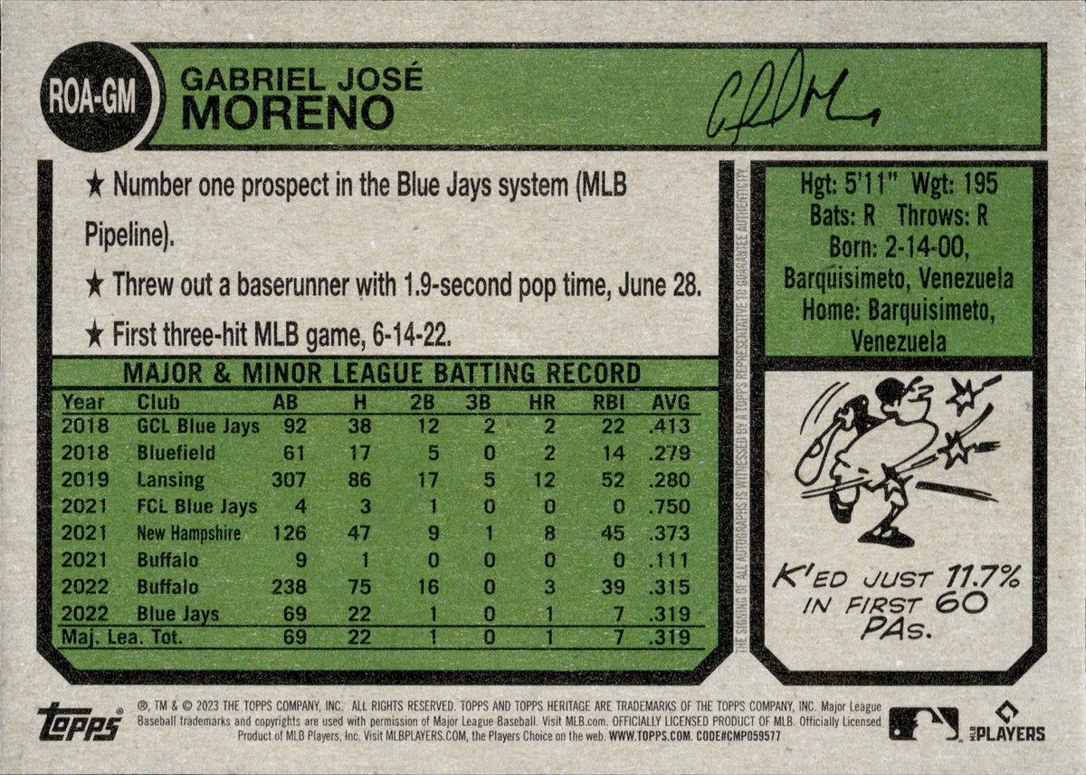 2023 Gabriel Moreno Topps Heritage ROOKIE REAL ONE AUTO AUTOGRAPH RC