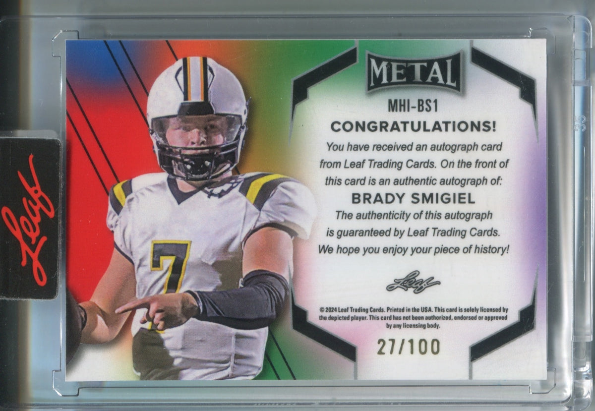 2024 Brady Smigiel Leaf Metal BLUE INSCRIPTIONS AUTO 021/100 AUTOGRAPH