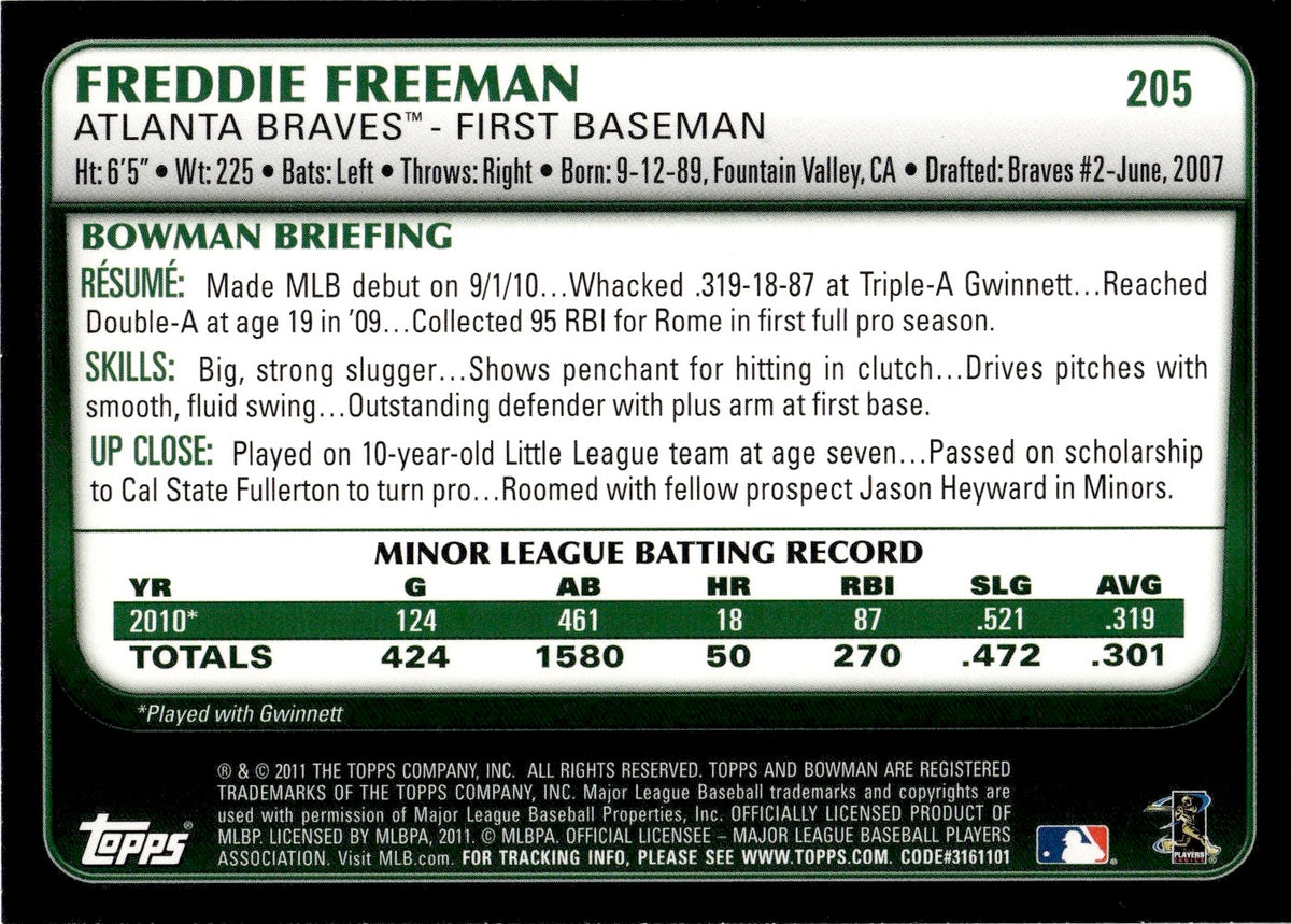 2011 Freddie Freeman Bowman GOLD BORDER ROOKIE RC #205 Atlanta Braves