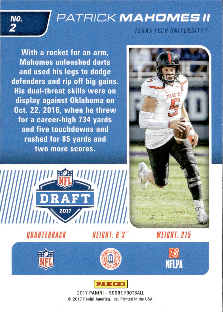 2017 Patrick Mahomes II Panini Score NFL DRAFT ROOKIE RC #2 Texas Tech