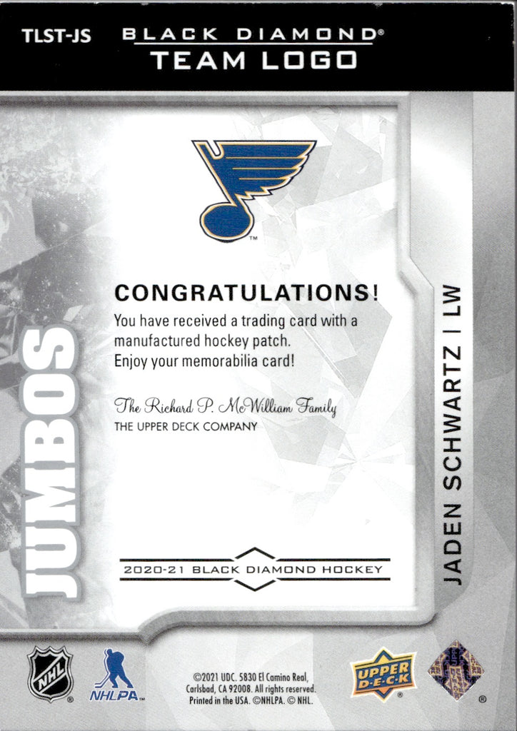 2020-21 Jaden Schwartz Upper Deck Black Diamond TEAM LOGO JUMBOS MANUF