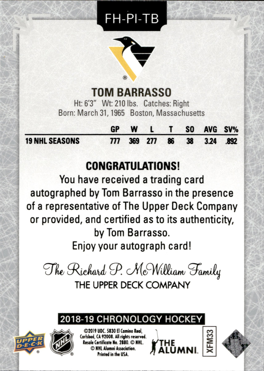 2018-19 Tom Barrasso Upper Deck Chronology FRANCHISE HISTORY AUTO AUTO